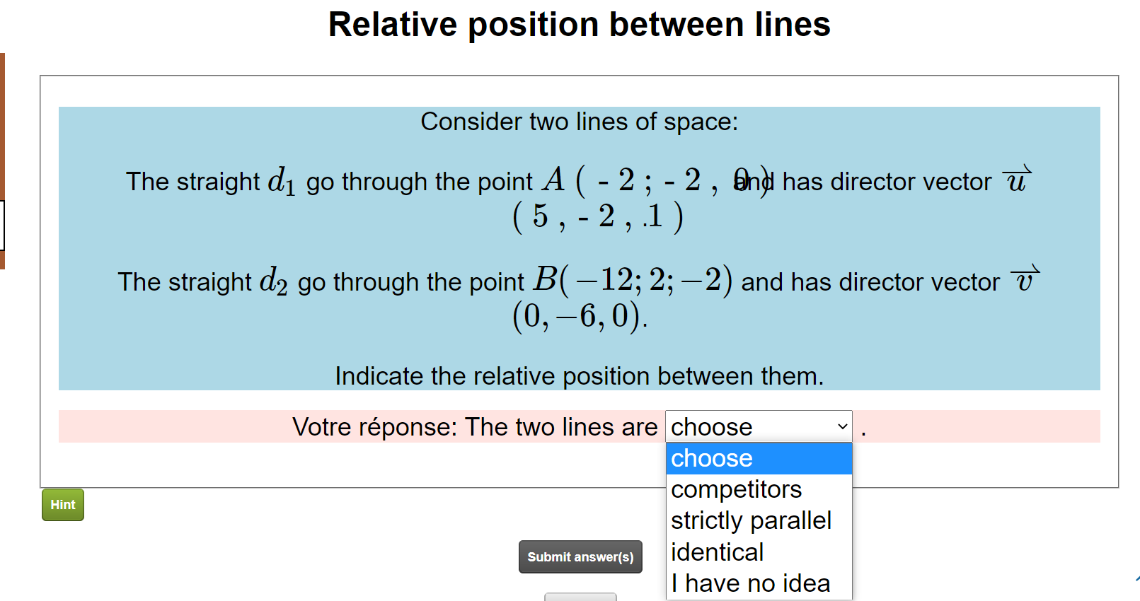 Solved Relative position between lines Consider two lines of | Chegg.com