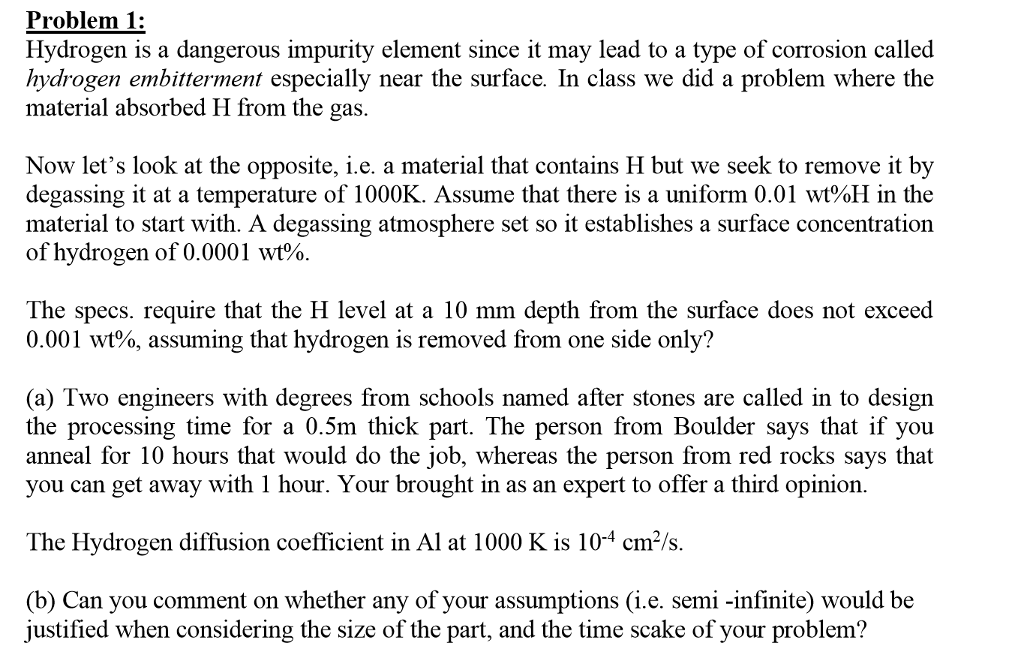 Problem 1: Hydrogen is a dangerous impurity element | Chegg.com