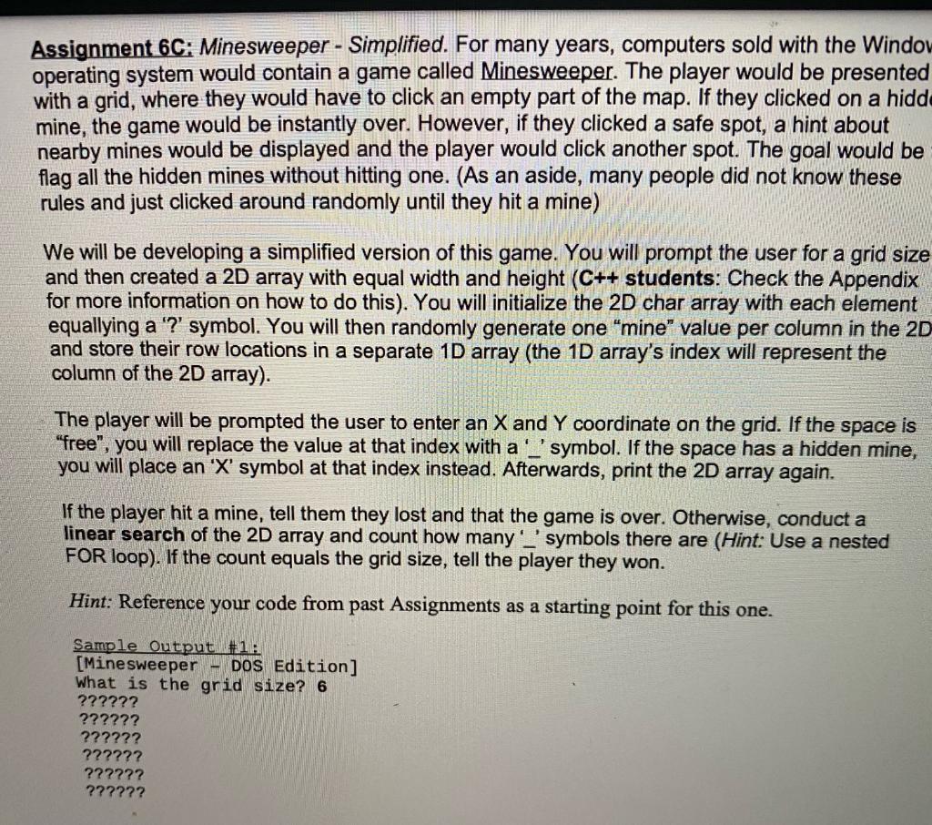Solved Assignment 6C: Minesweeper - Simplified. For many | Chegg.com
