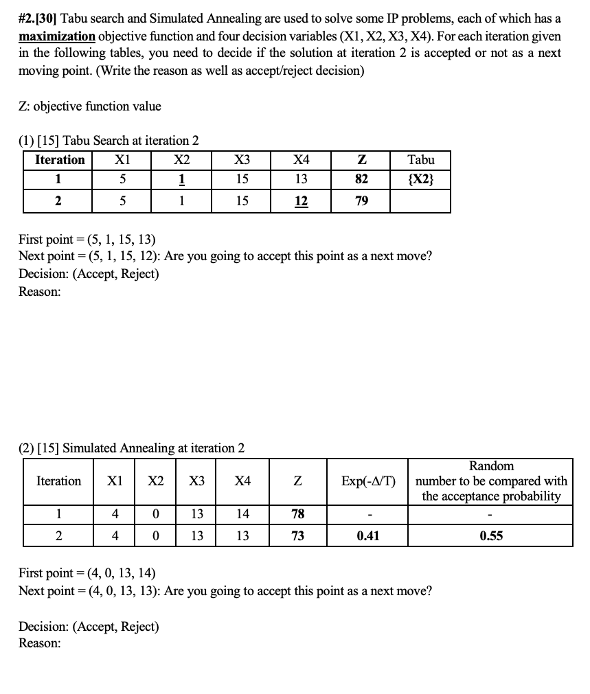 Solved \#2.[30] Tabu search and Simulated Annealing are used | Chegg.com
