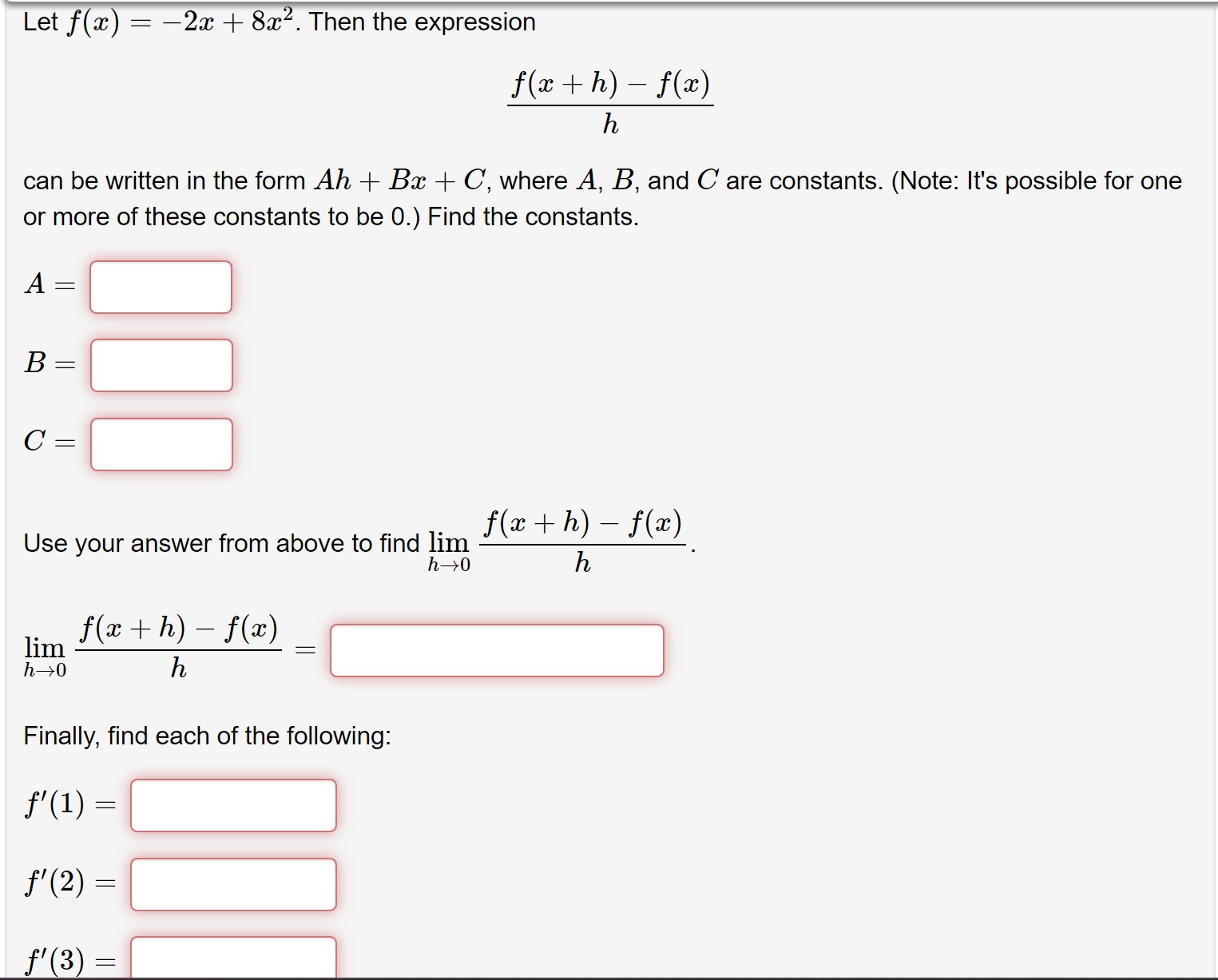Solved Let f(x)=−2x+8x2. Then the expression hf(x+h)−f(x) | Chegg.com