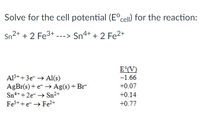 Solved Solve for the cell potential (Ecell O) for the | Chegg.com