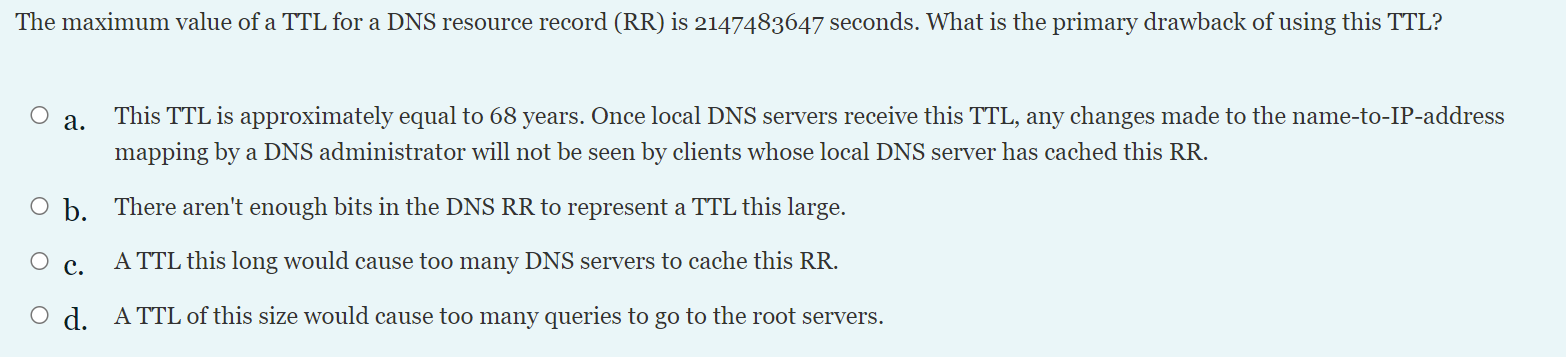 Solved The maximum value of a TTL for a DNS resource record | Chegg.com