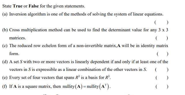 Solved State True or False for the given statements. (a) | Chegg.com