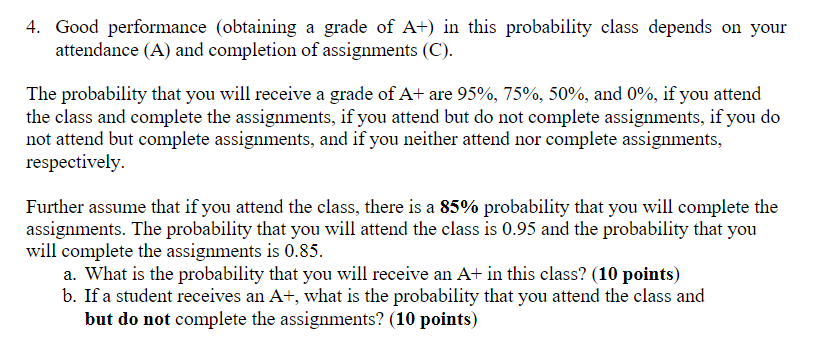 Solved 4. Good performance (obtaining a grade of A+) in this | Chegg.com