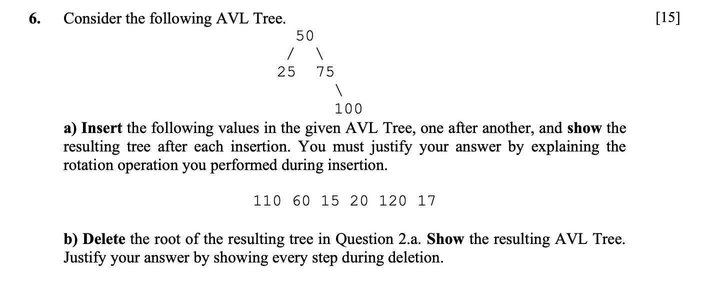 Solved 6. [15] Consider the following AVL Tree. 50 / 1 25 75 | Chegg.com