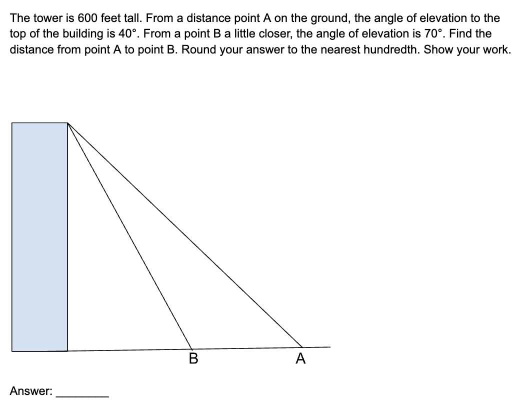 Solved The tower is 600 feet tall. From a distance point A | Chegg.com