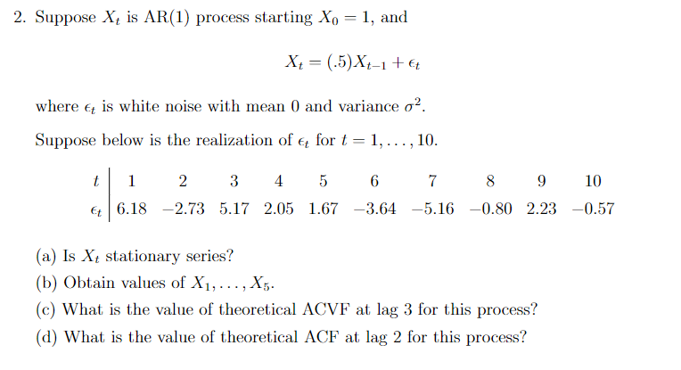 Solved 2. Suppose Xt is AR(1) process starting X0=1, and | Chegg.com