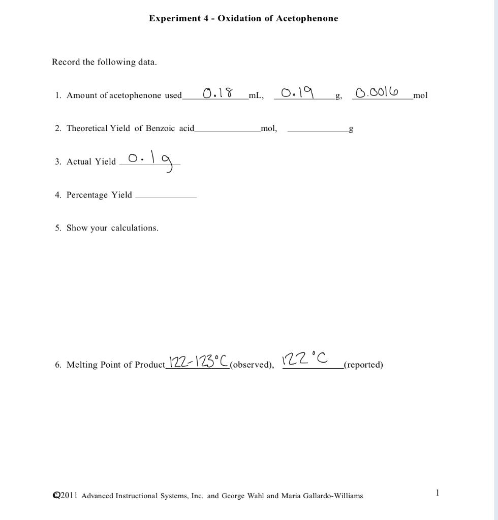 Solved Experiment 4 - Oxidation of Acetophenone Record the | Chegg.com