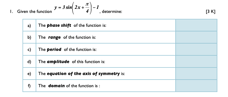 Given the function y=3sin(2x+π4)-1, ﻿determine: phase | Chegg.com