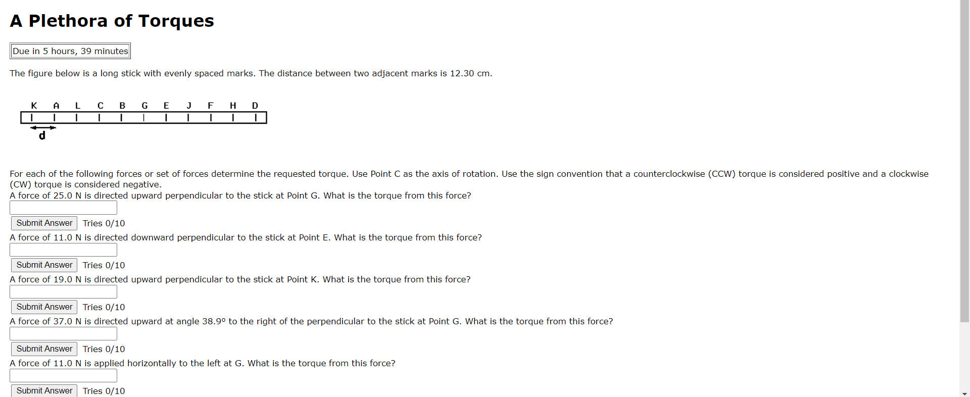 Solved The figure below is a long stick with evenly spaced | Chegg.com
