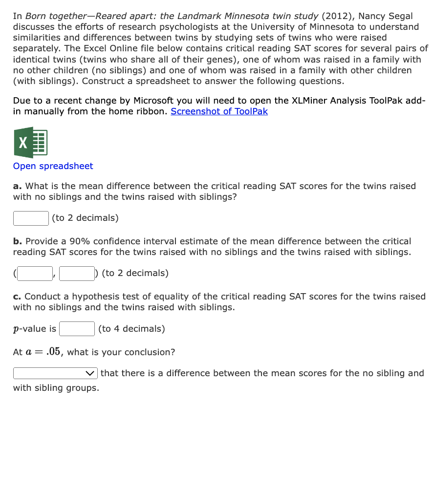 Solved In Born together-Reared apart: the Landmark Minnesota | Chegg.com