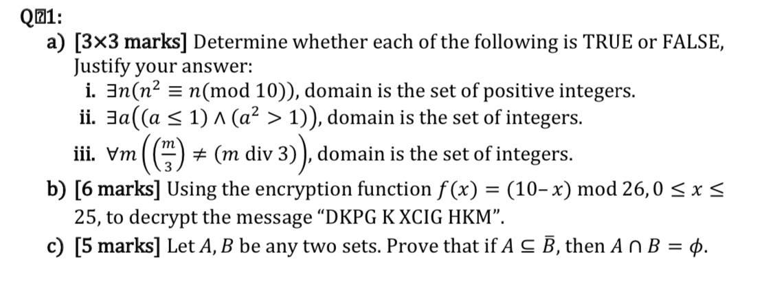 Solved Q21: a) [3x3 marks] Determine whether each of the | Chegg.com