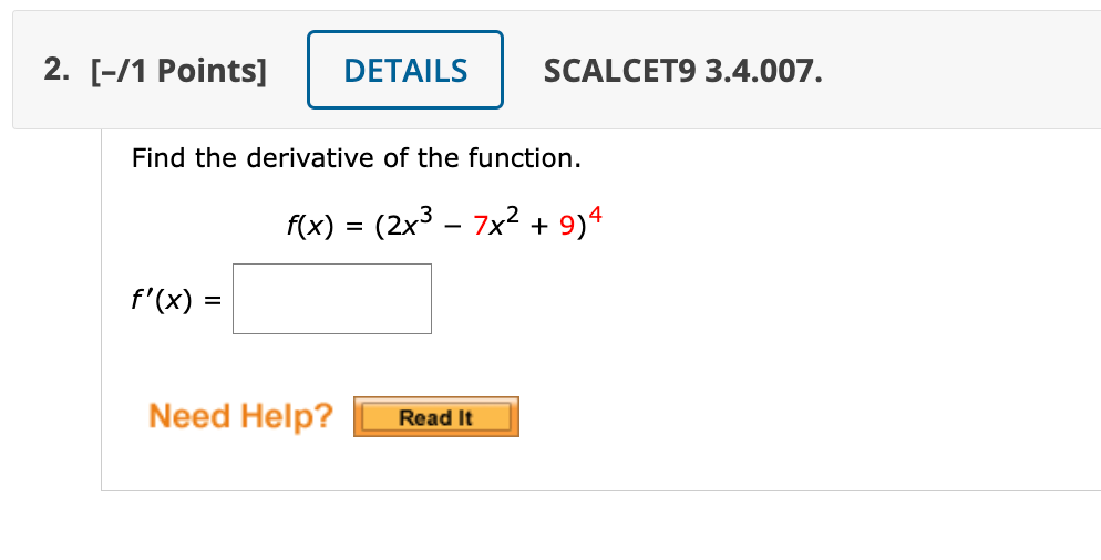 Solved 2. [-/1 Points] SCALCET9 3.4.007. Find the derivative | Chegg.com