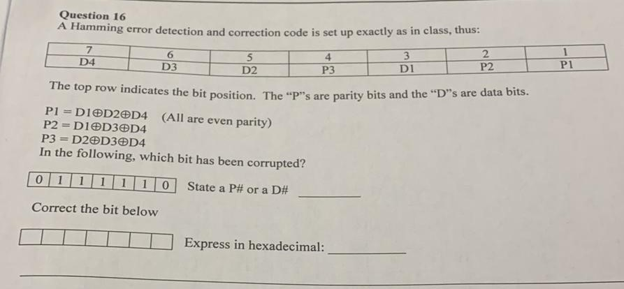 Solved Question 16 A Hamming error detection and correction | Chegg.com