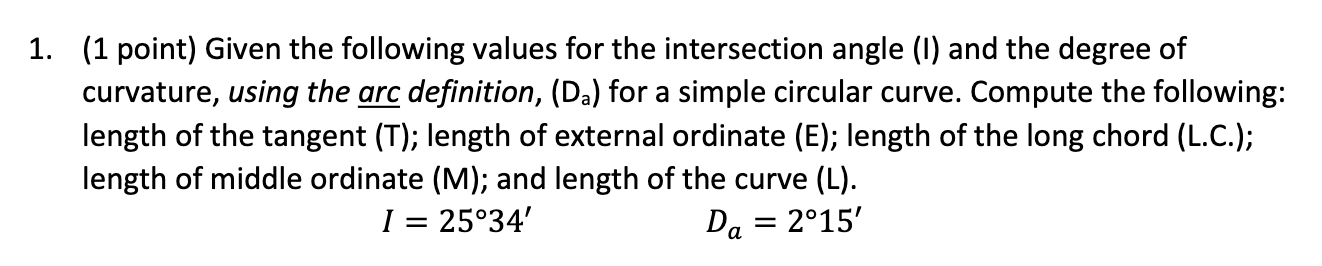 Solved 1. (1 point) Given the following values for the | Chegg.com
