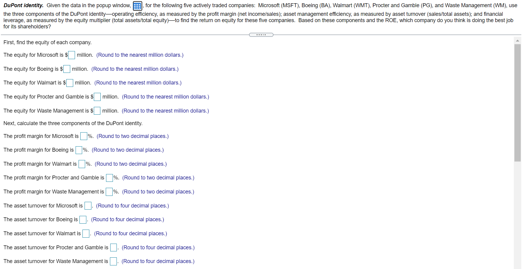 Solved DuPont identity. Given the data in the popup window, | Chegg.com