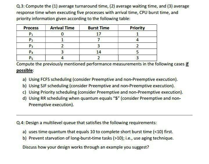 Solved 3 3 Q.3: Compute the (1) average turnaround time, (2) | Chegg.com