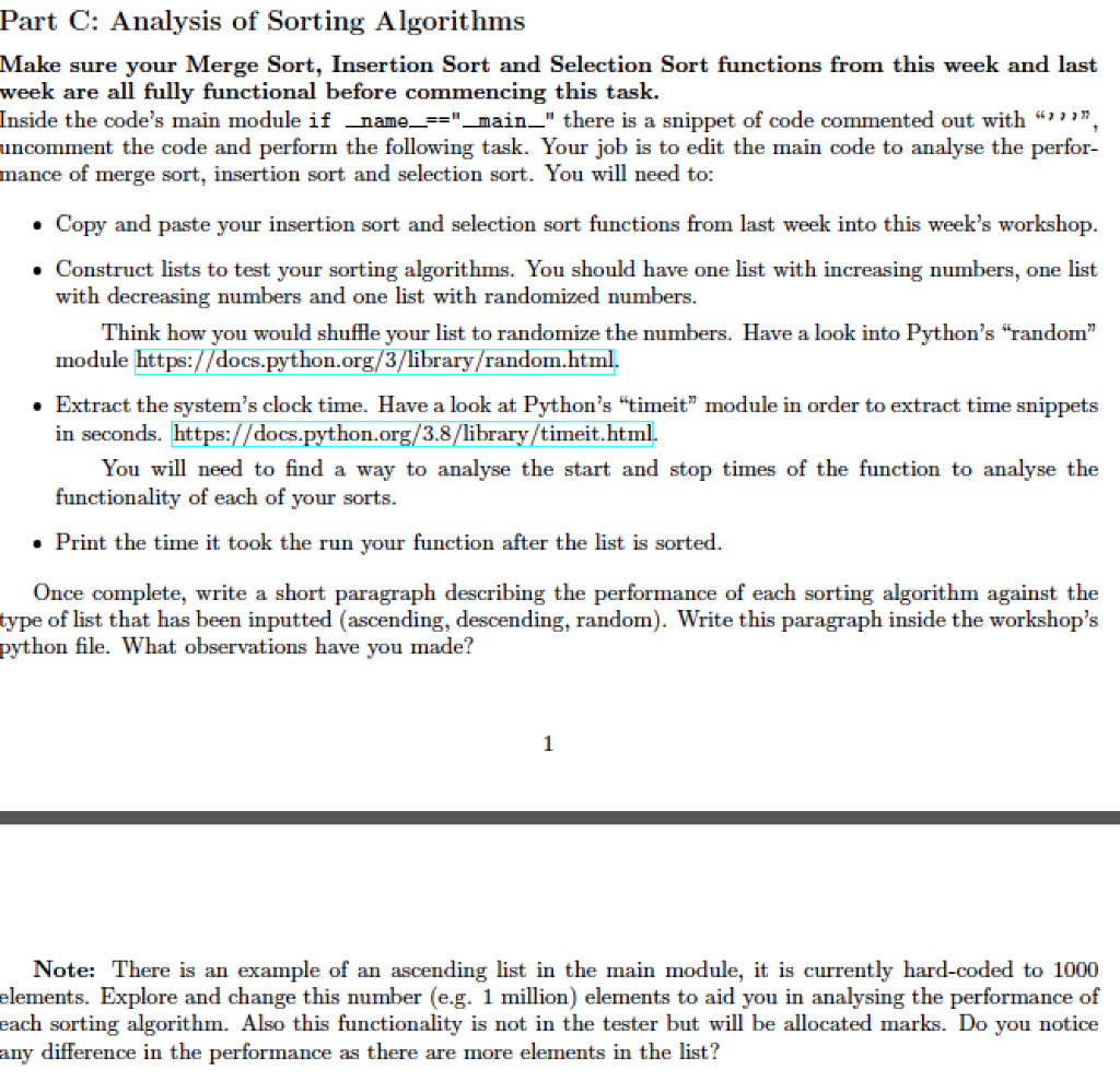 Solved Part C: Analysis of Sorting Algorithms Make sure your | Chegg.com