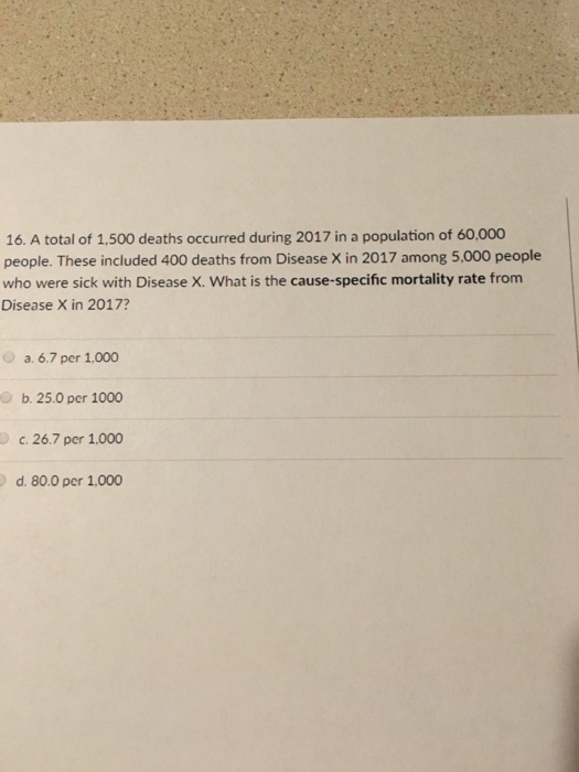 Solved 16. A total of 1,500 deaths occurred during 2017 in a | Chegg.com