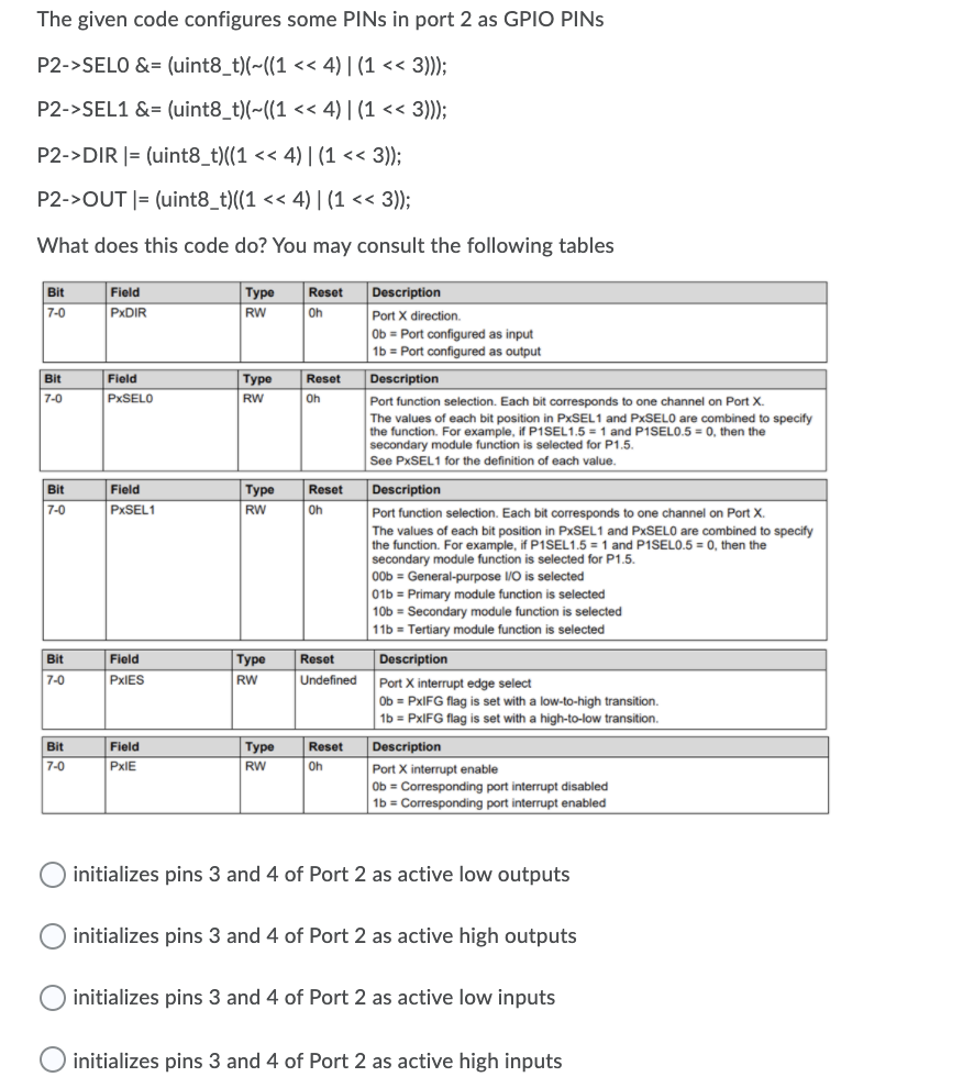 Solved The given code configures some PINs in port 2 as GPIO | Chegg.com