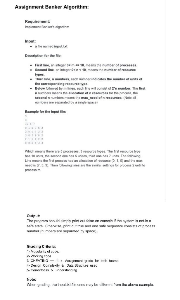 Solved Assignment Banker Algorithm: Requirement: Implement | Chegg.com Solved Assignment Banker Algorithm: Requirement: Implement | Chegg.com