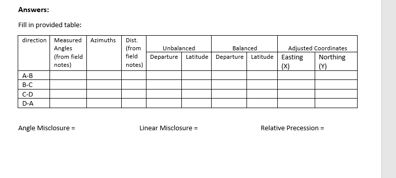 Solved Closed traverse with inner angles FIELD NOTES: D STA | Chegg.com