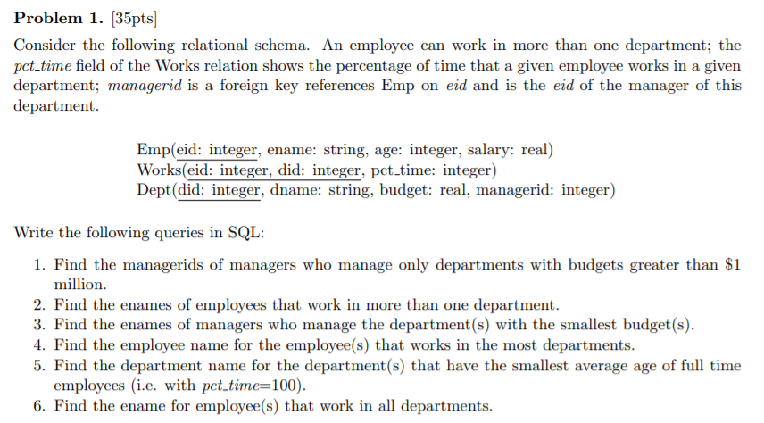 Solved Problem 1. (35pts] Consider the following relational | Chegg.com
