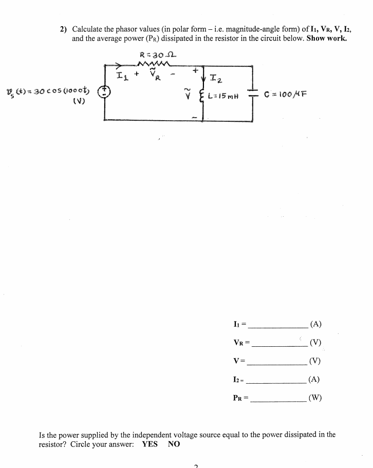 Solved 2) Calculate the phasor values (in polar form – i.e. | Chegg.com
