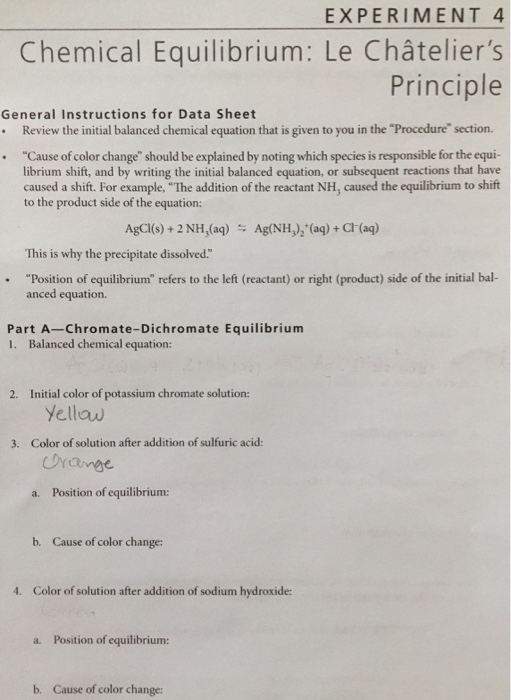 EXPERIMENT 4 Chemical Equilibrium: Le Châtelier's | Chegg.com