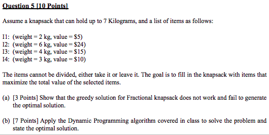 Solved Assume a knapsack that can hold up to 7 Kilograms, | Chegg.com