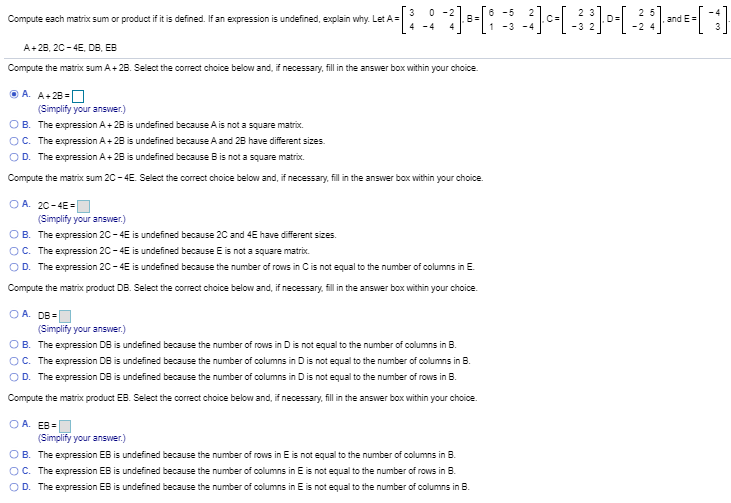 Solved Compute each matrix sum or product if it is defined. | Chegg.com