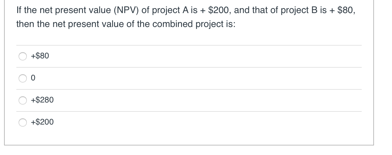 Solved If the net present value (NPV) of project A is + | Chegg.com