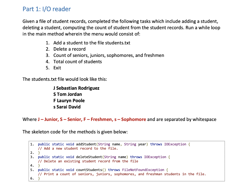 Solved Part 1: 1/0 reader Given a file of student records, | Chegg.com