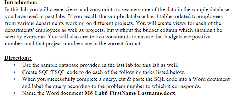 Solved Introduction: In this lab you will create views and | Chegg.com