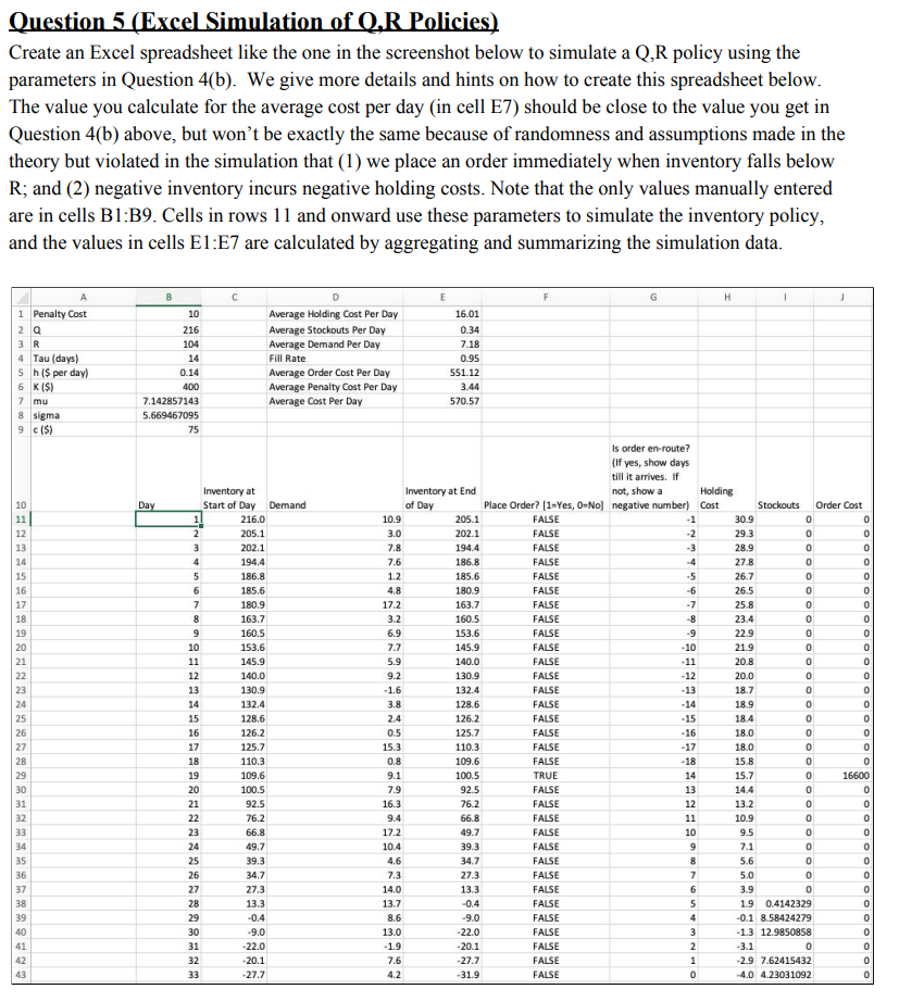 Question 5 (Excel Simulation of Q.R Policies) Create | Chegg.com