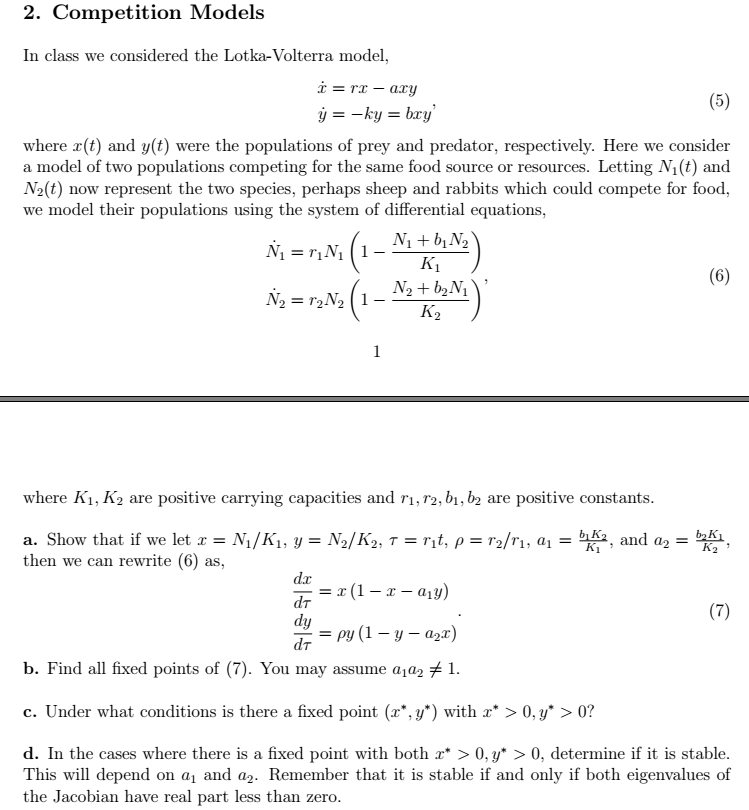 Solved 2. Competition Models In class we considered the | Chegg.com