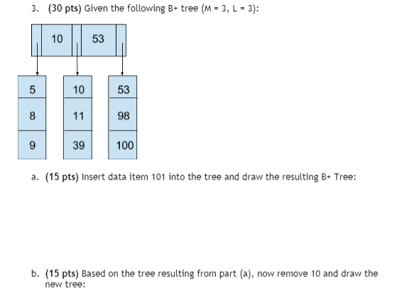 Solved 3. (30 pts) Given the following B+ tree (M = 3, L = | Chegg.com Solved 3. (30 pts) Given the following B+ tree (M = 3, L = | Chegg.com