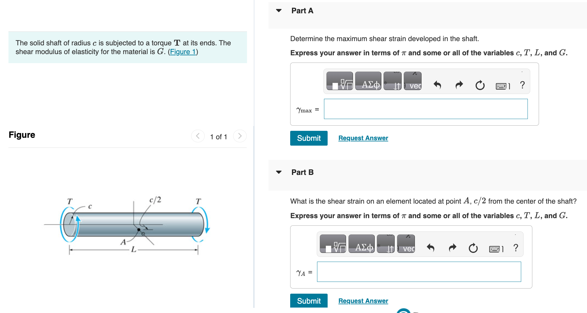 Solved The solid shaft of radius c is subjected to a torque | Chegg.com