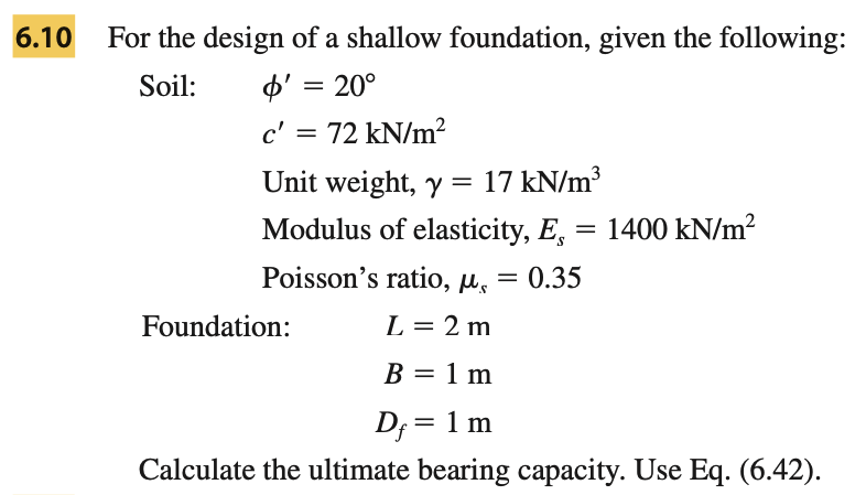 Solved For the design of a shallow foundation, given the | Chegg.com