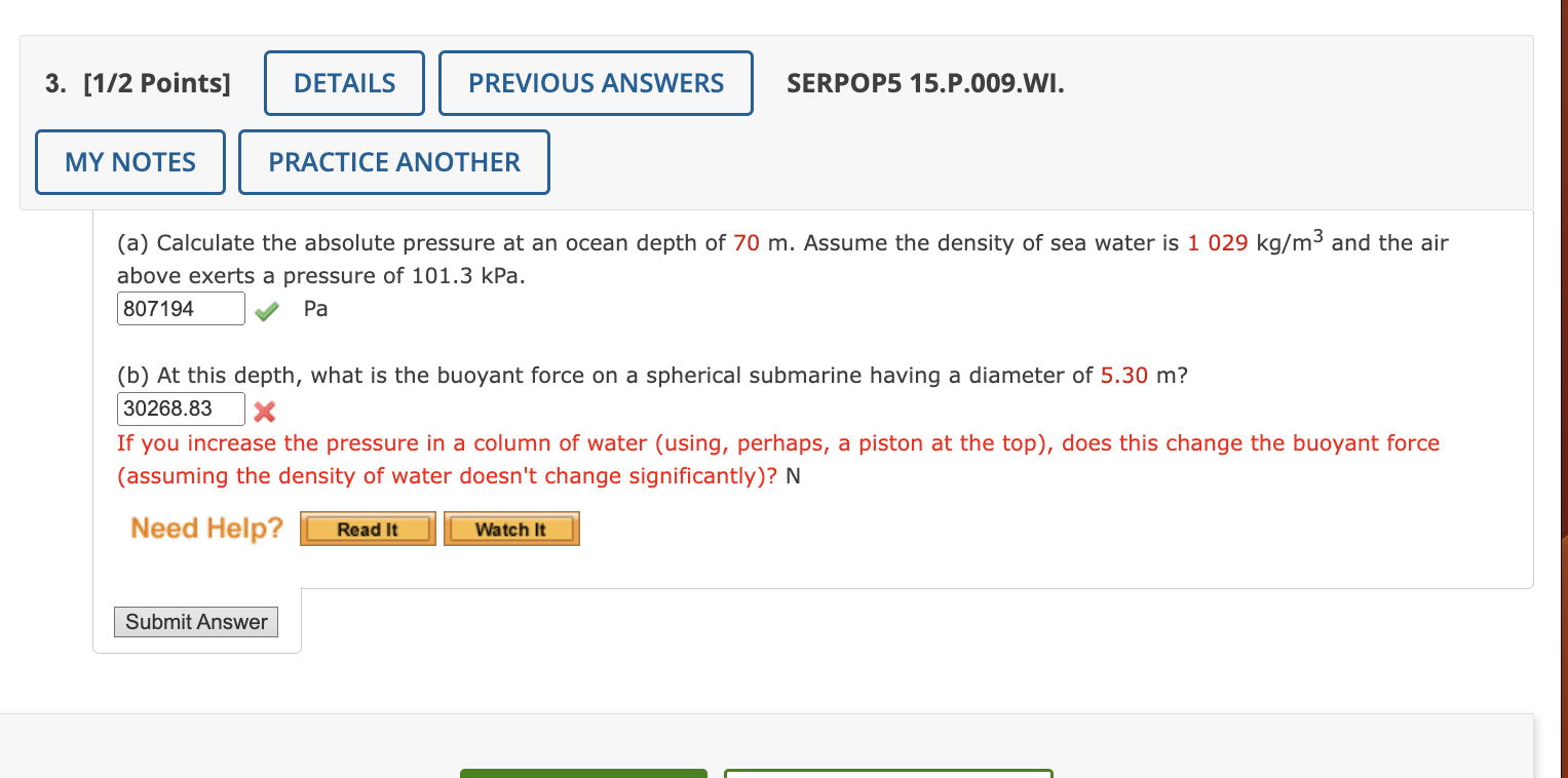 Solved (a) Calculate the absolute pressure at an ocean depth | Chegg.com