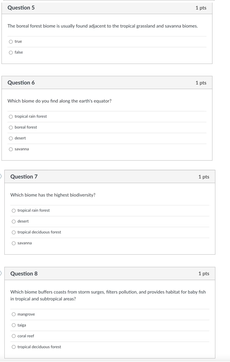 Solved Question 5 1 pts The boreal forest biome is usually | Chegg.com