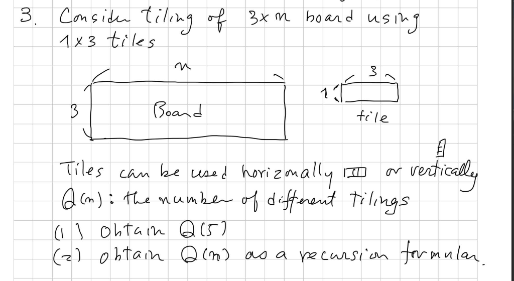 Solved 3. Conside tiling of 3×n board using 1×3 tiles Tiles | Chegg.com
