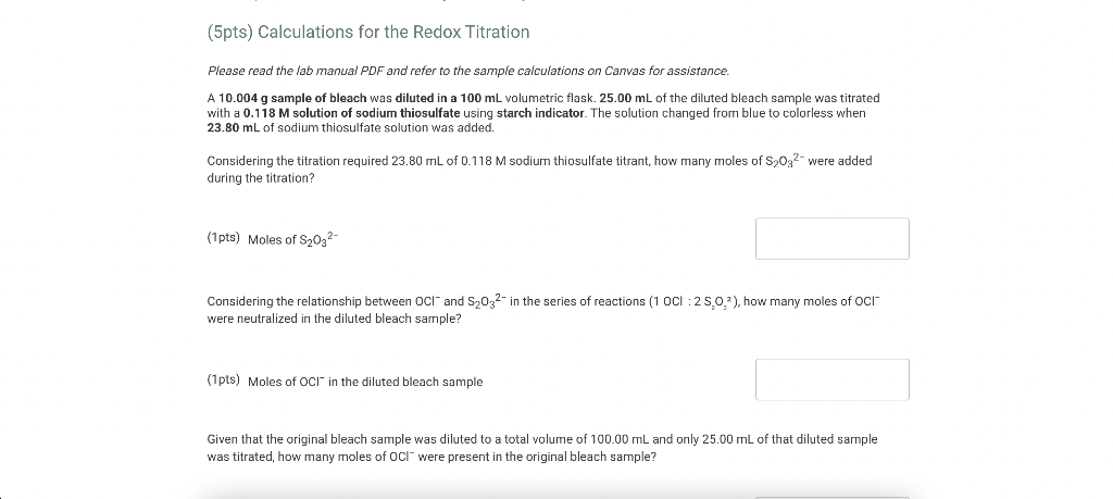 Solved (5pts) Calculations for the Redox Titration Please | Chegg.com