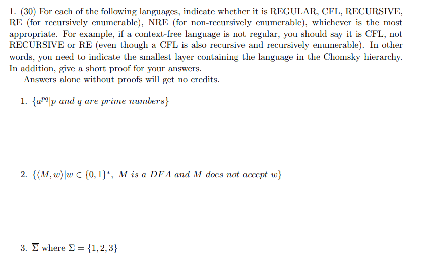 Solved 1. (30) For each of the following languages, indicate | Chegg.com