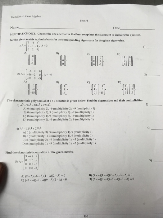 Solved Math230 -Linear Algebra Test #4 Name MULTIPLE CHOICE. | Chegg.com