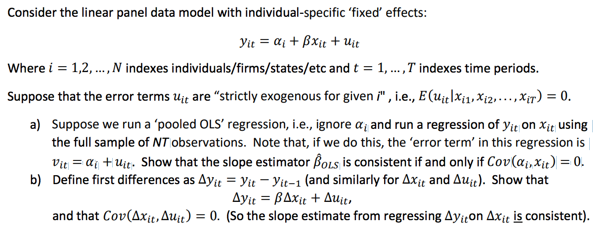 Consider the linear panel data model with | Chegg.com