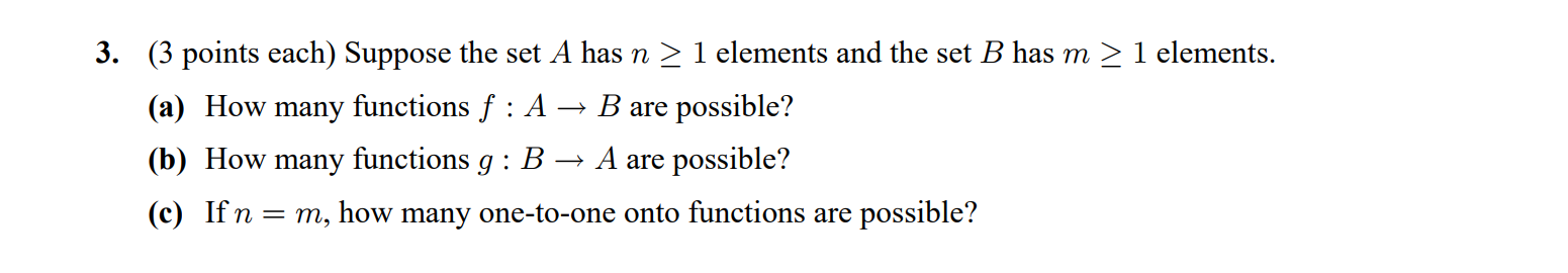 Solved 3. (3 points each) Suppose the set A has n≥1 elements | Chegg.com