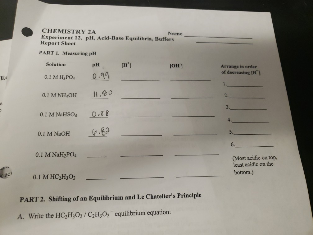 Solved CHEMISTRY 2A Name Experiment 12, pH, Acid-Base | Chegg.com
