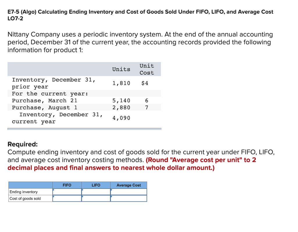 Solved E7-5 (Algo) Calculating Ending Inventory and Cost of | Chegg.com